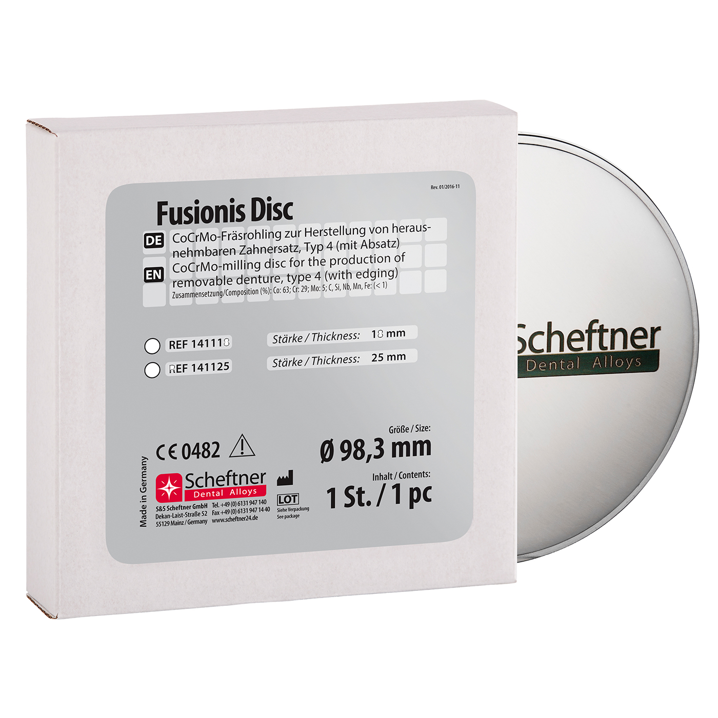 S & S Scheftner Fusionis Disc CAD/CAM-Rohling, mit Stufe, ø 98,3 x 18 mm