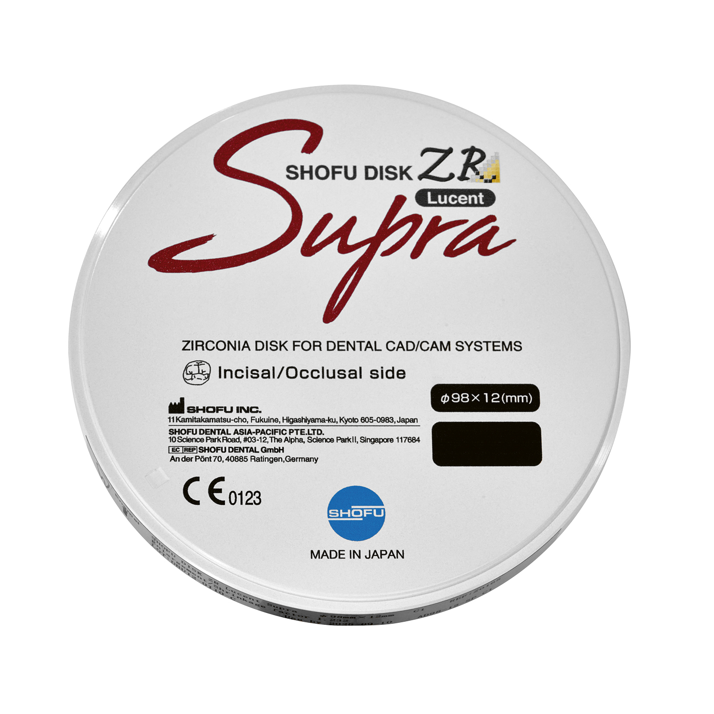 Shofu Disk ZR Lucent Supra CAD/CAM blank, ø 98 x 12 mm, A1