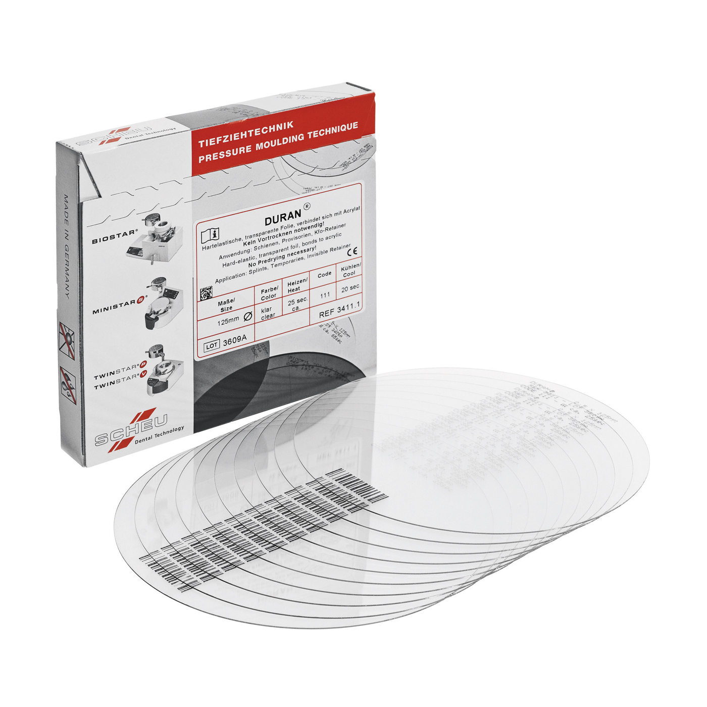 Scheu-Dental Duran Thermoforming Foils, clear transparent, ø 125 x 1.5 mm